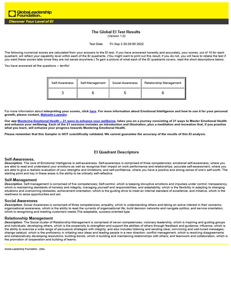 Emotional Intelligence Test - Results | PDF | Emotional Intelligence ...