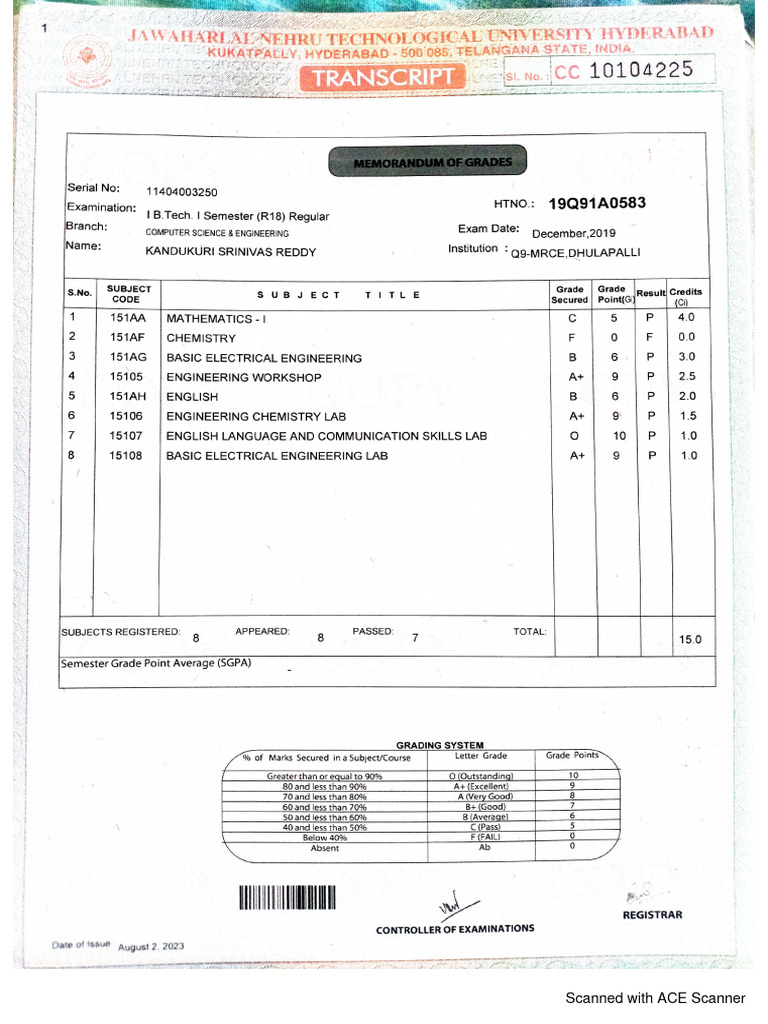 Bachelor's Transcripts 1 | PDF