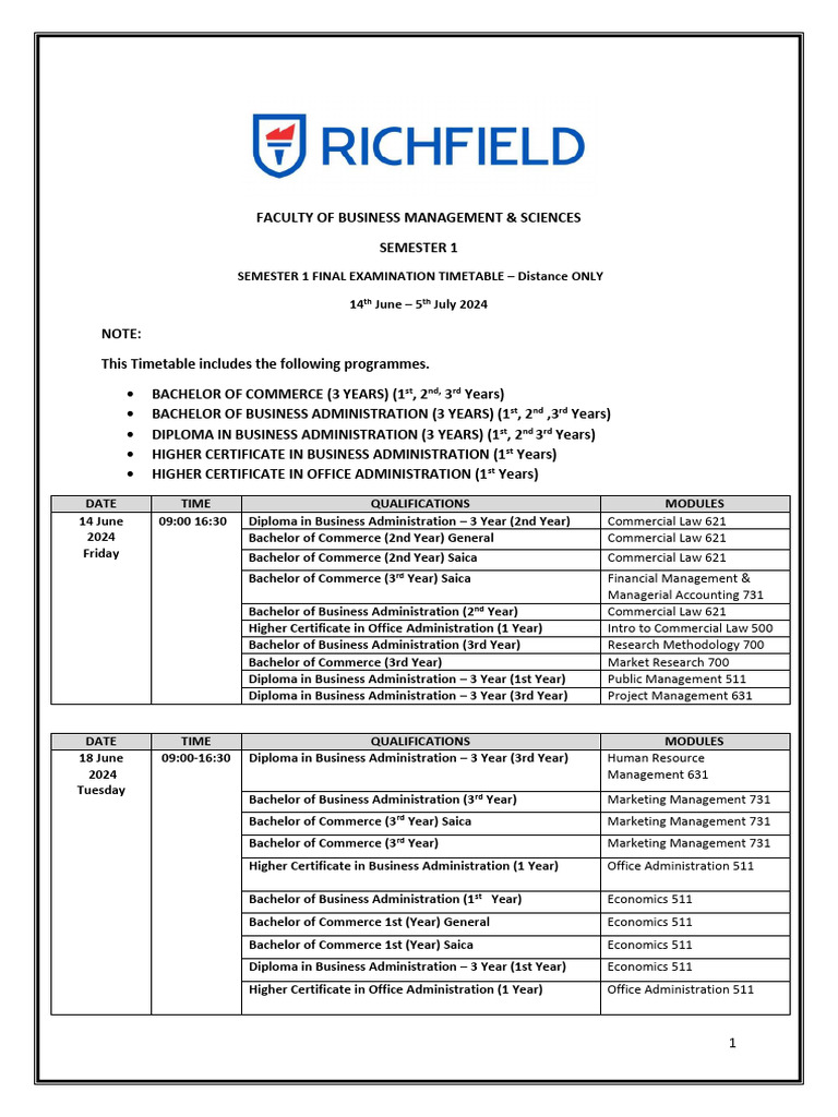 Semester 1 Examination Timetable (BMS) Distance Amended 27 Maym | PDF ...