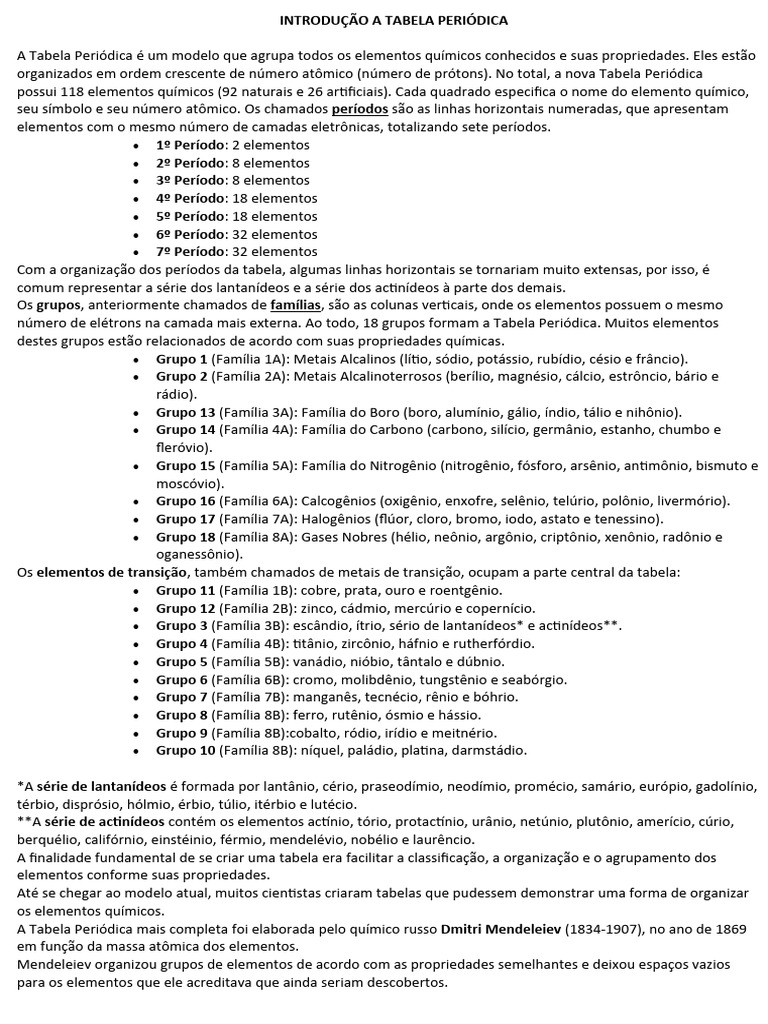 Introdução à Tabela Periódica dos Elementos | PDF | Tabela periódica ...