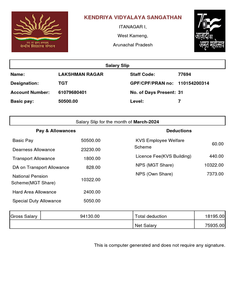 March 2024 Salary Slip for TGT | PDF