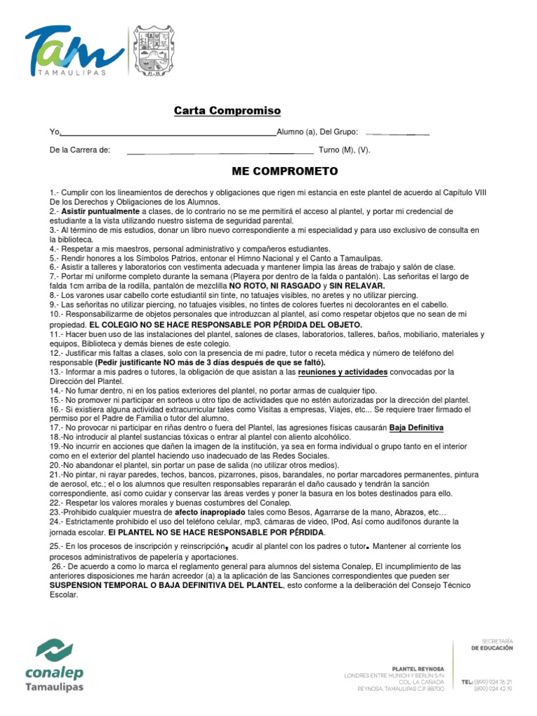 Carta Compromiso y Reglamento | PDF