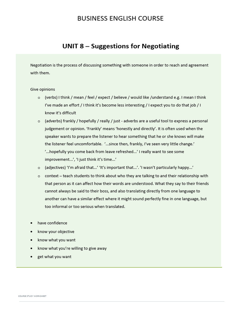Unit 8 - Suggestions For Negotiating | PDF | Language Arts & Discipline ...
