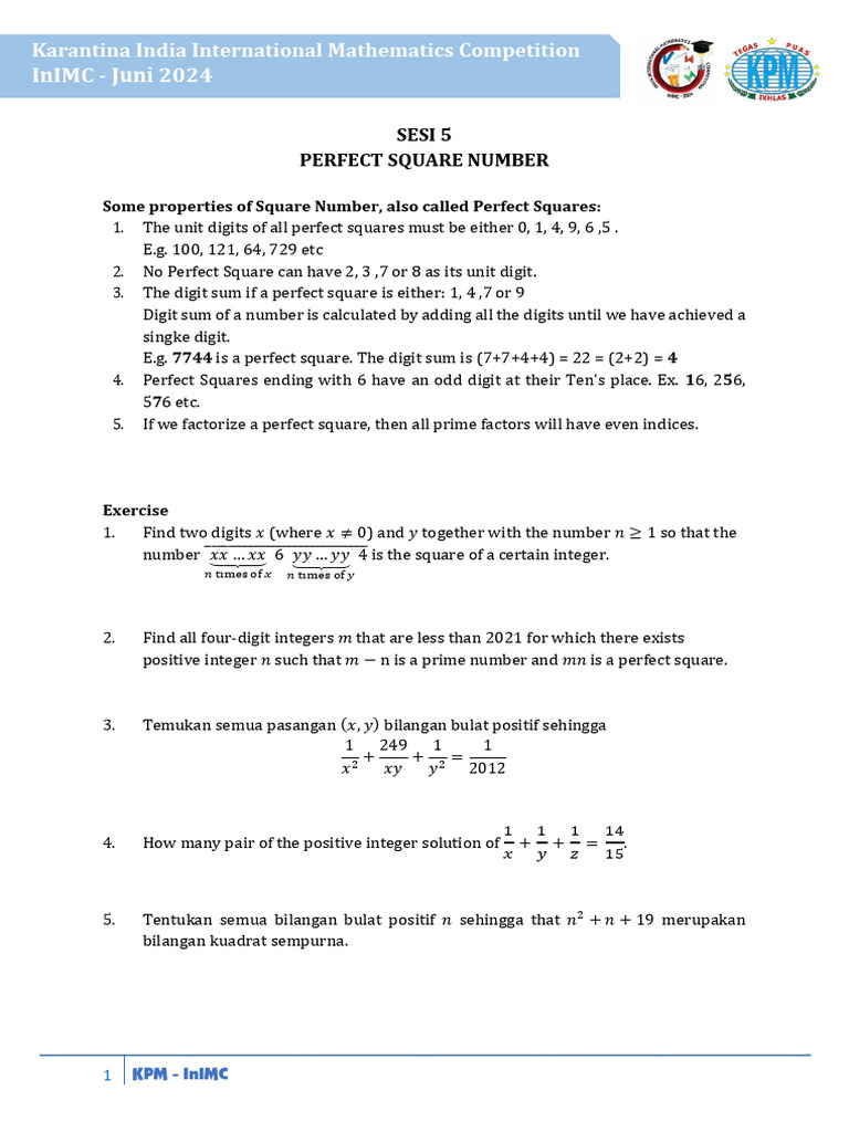 (Kar-InIMC-SMP) Perfect Square - S | PDF | Mathematical Concepts ...