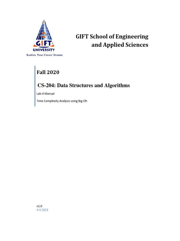 (Lab-4 Manual) CS-204-DSA - Time Complexity Analysis | PDF | Time Complexity | Mathematical Analysis