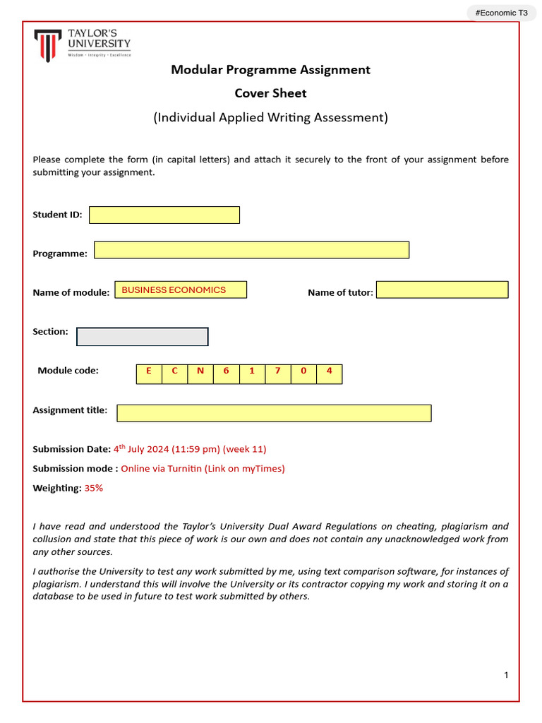 Individual Assignment Business Economics Coverpage | PDF