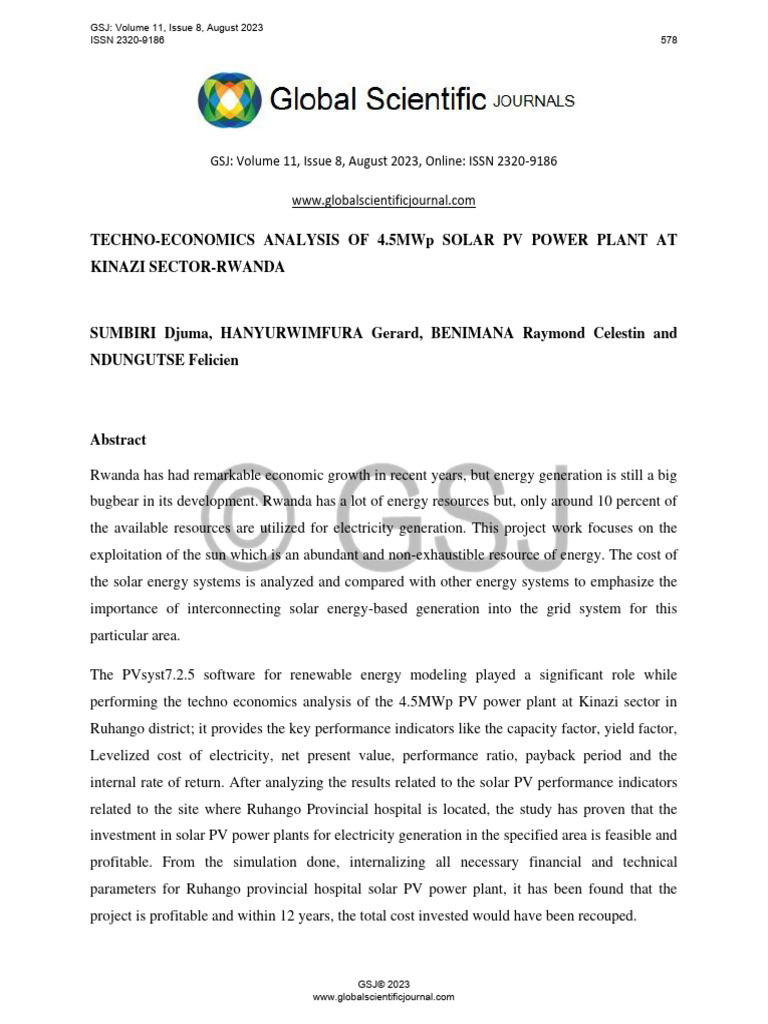 Techno Economics Analysis of 4 5mwp Solar PV Power Plant at Kinazi Sector Rwanda | PDF ...
