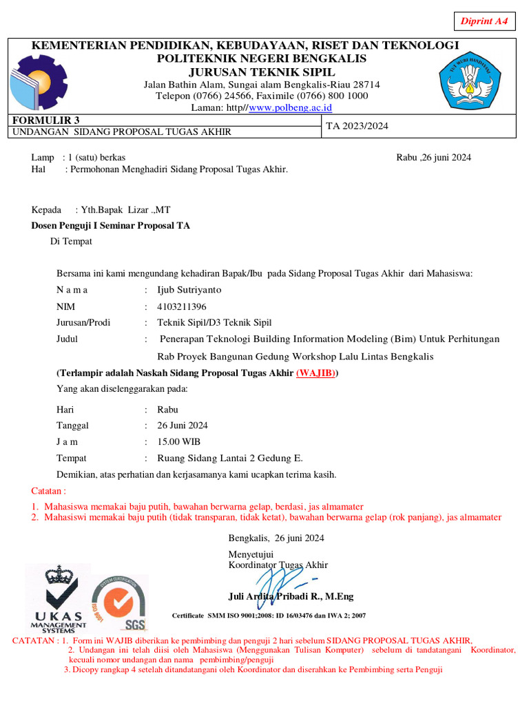CONTOH Undangan Ujian Proposal Untuk Penguji | PDF