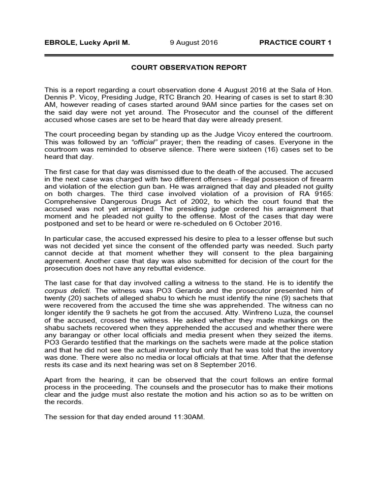 Court Observation Report | PDF | Plea | Arraignment