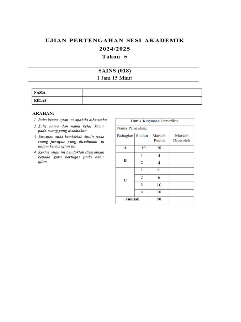 TP2755 - 2 Set Ujian Pertengahan Sesi Akademik Sains Tahun 5 Upsa 2024-20253 | PDF