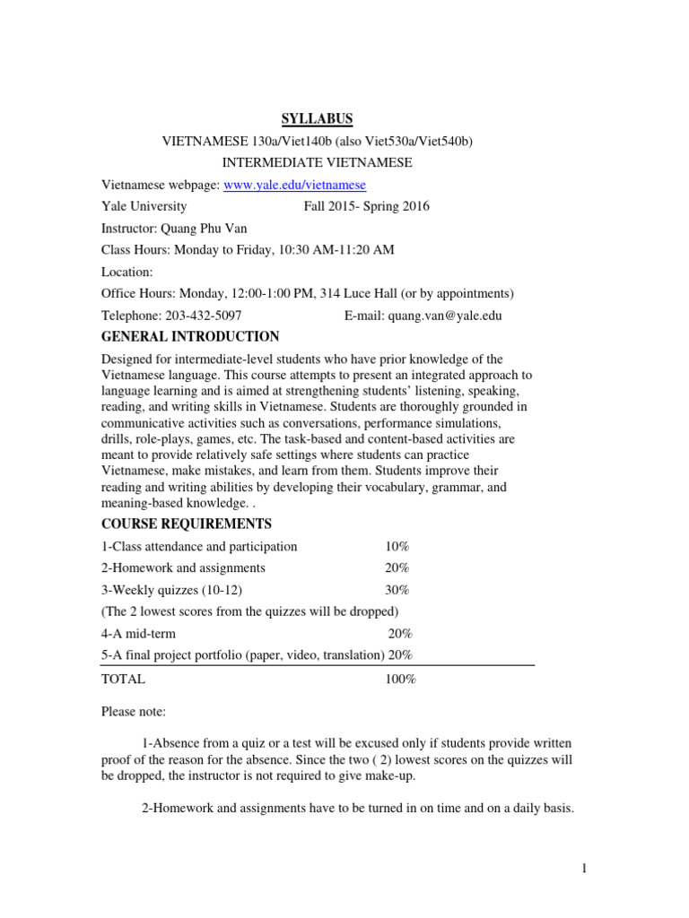 Vietnamese 130 Syllabus 2015 | PDF | Vocabulary | Grammar
