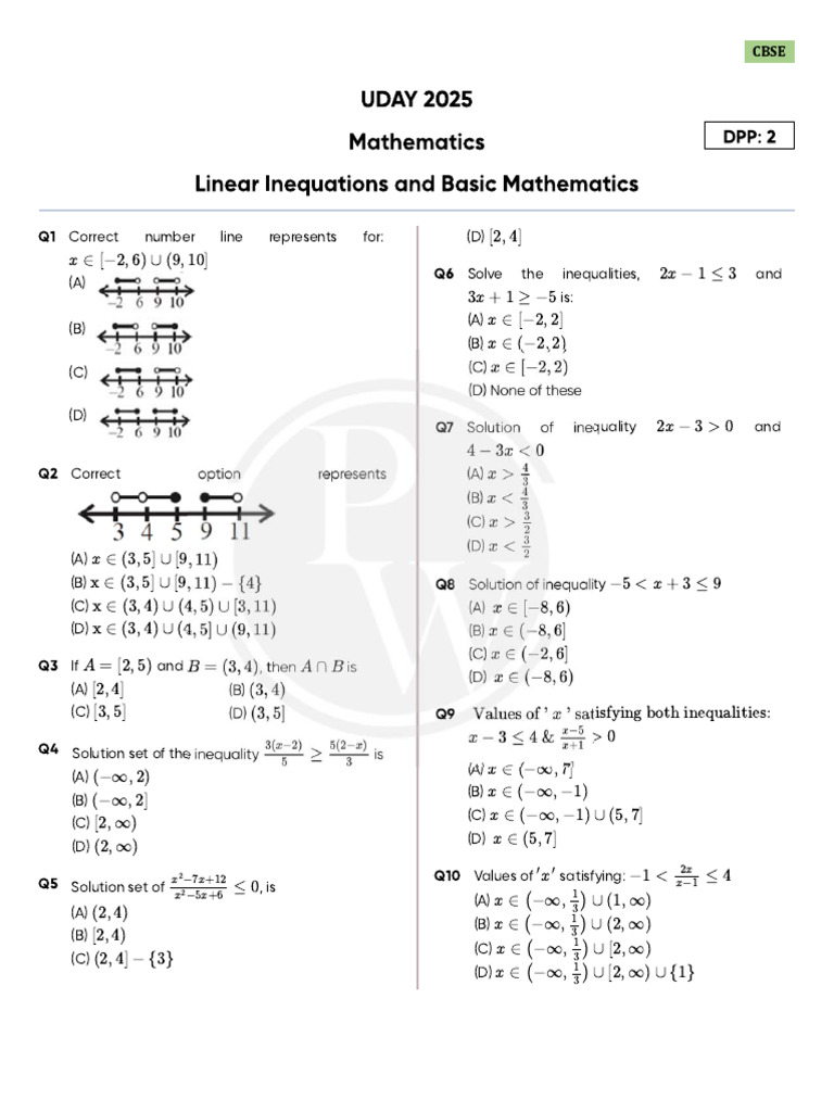 Linear Inequations and Basic Mathematics DPP 02 Uday 2025 | PDF