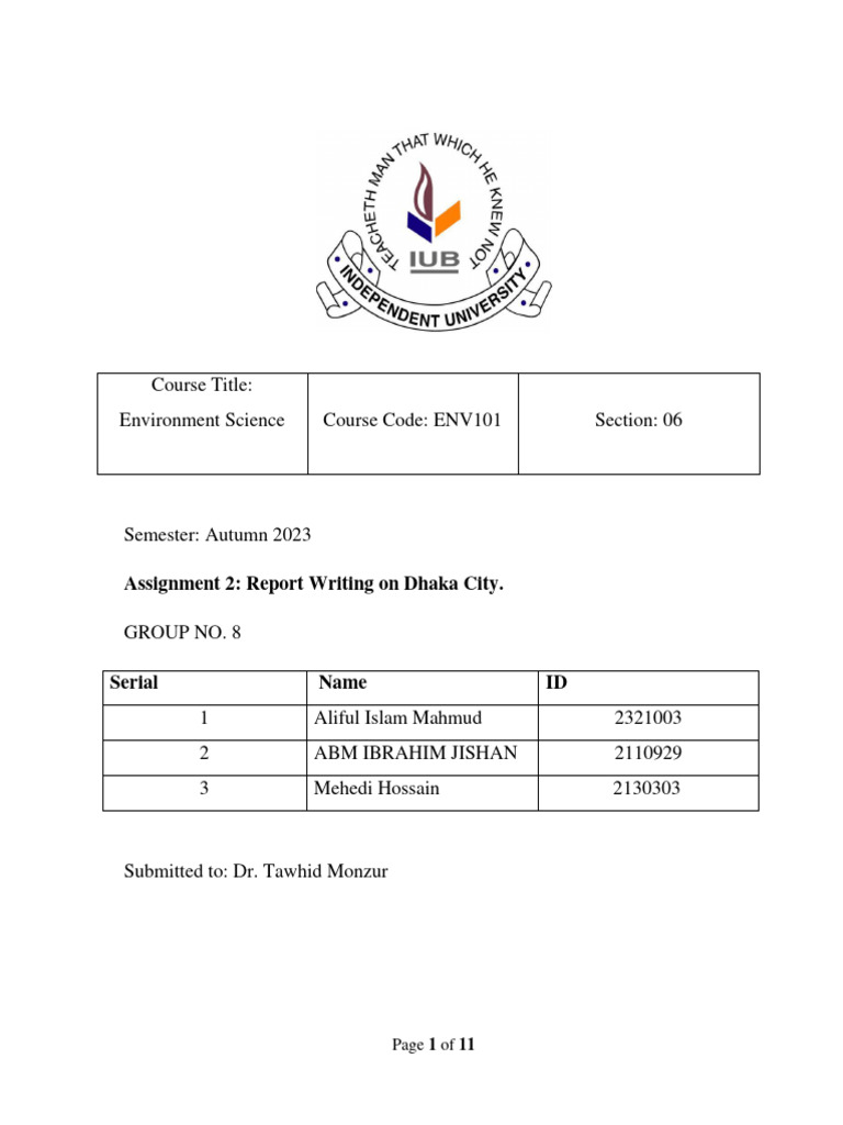 Env101 Final Project Assignment 2 Report Writing Pdf Dhaka World Politics 