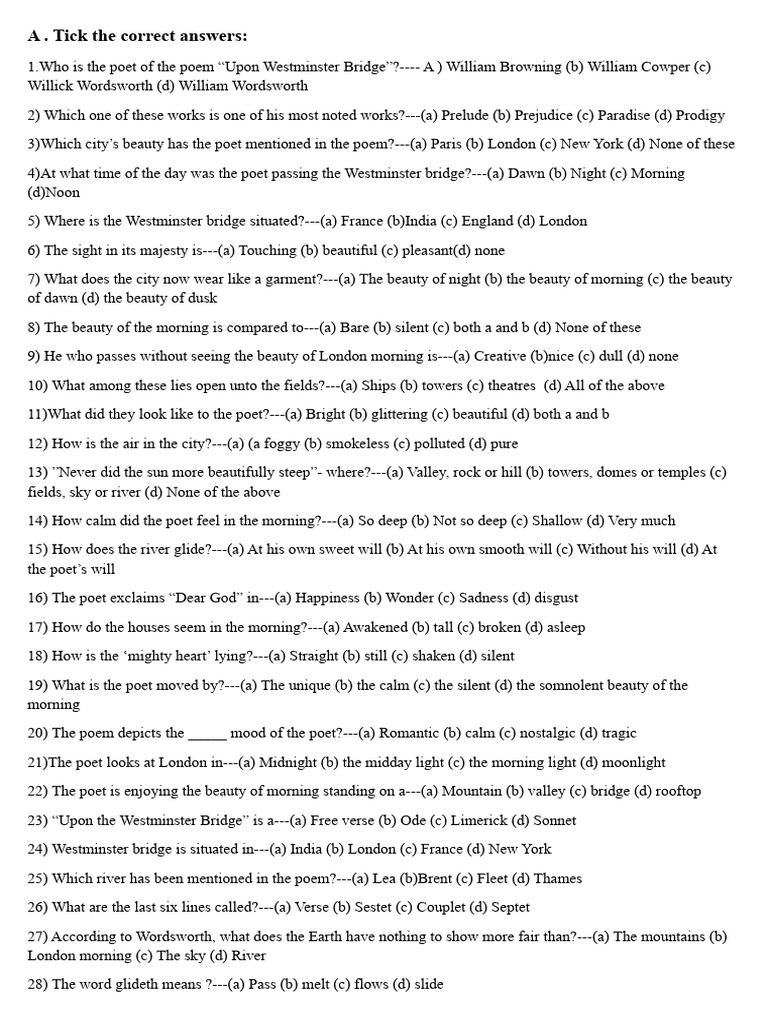 Quiz on "Upon Westminster Bridge" | PDF | Poetry
