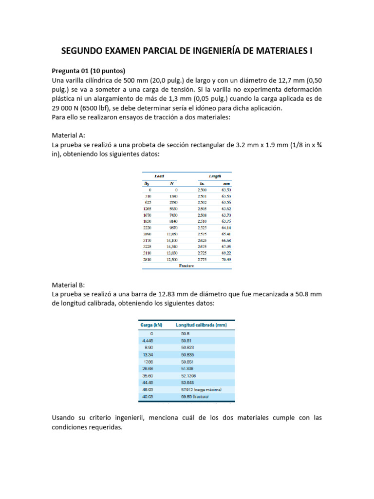 Segundo Examen Parcial de Ingeniería de Materiales I | PDF