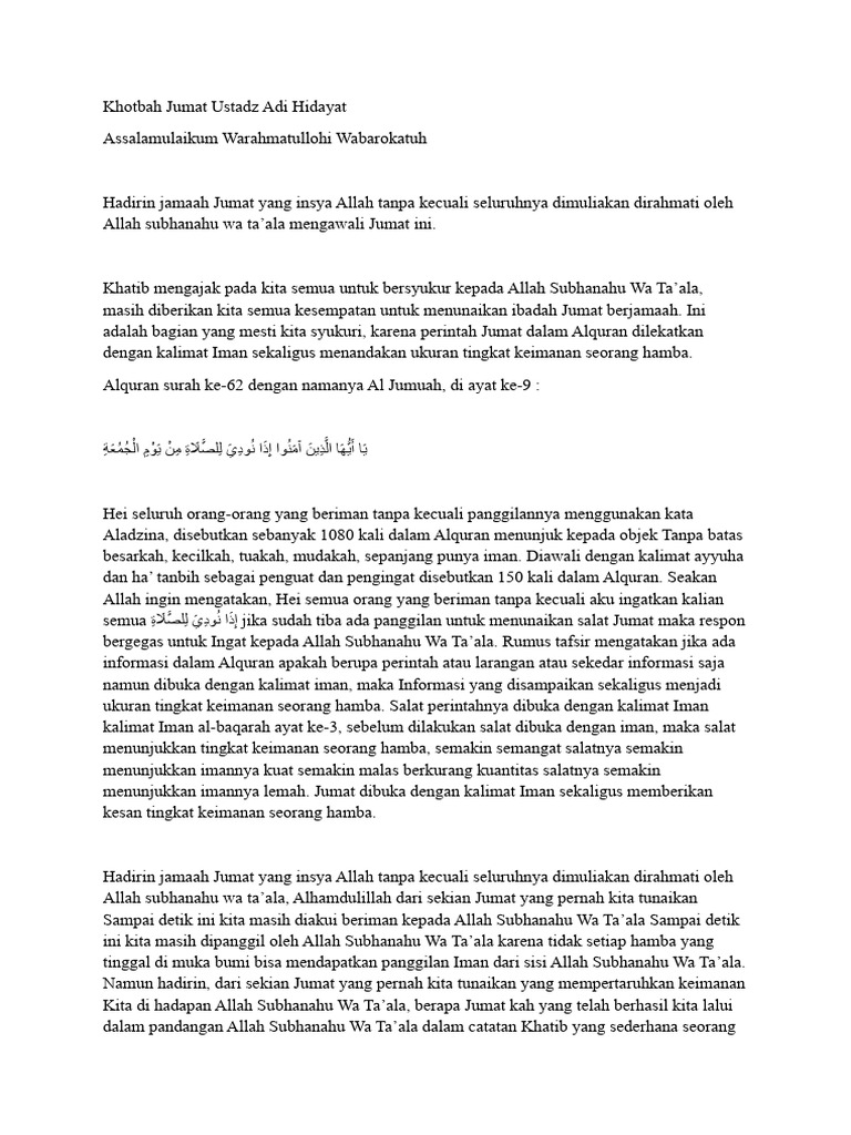 Khutbah Jumat Ustadz Adi Hidayat | PDF