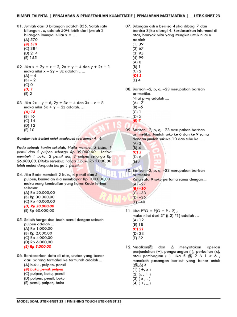 Soal Dan Kunci-Penalaran Dan Pengetahuan Kuantitatif-Penalaran Matematika Set 2 | PDF