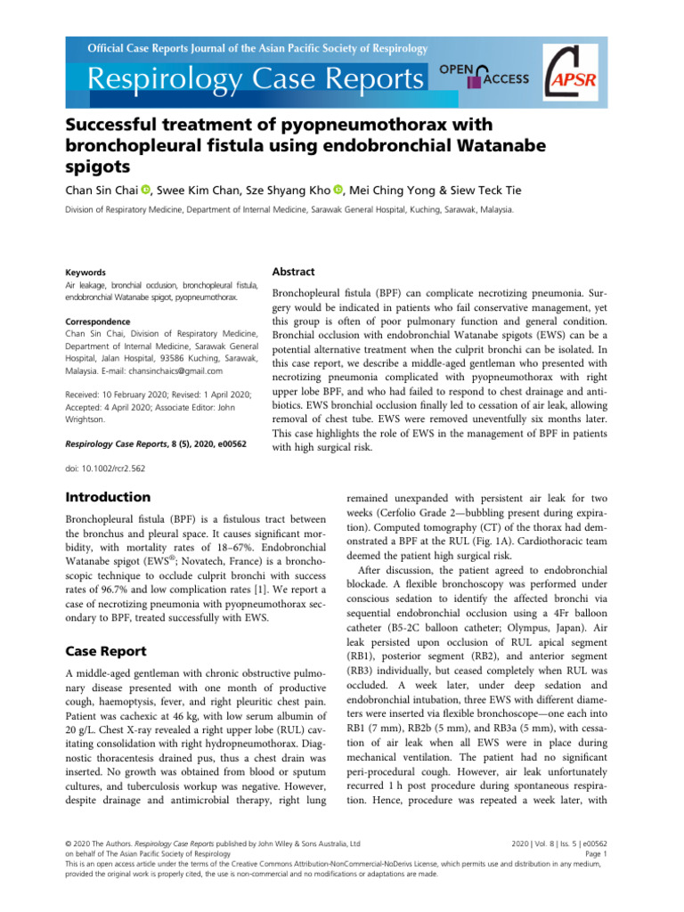 Successful Treatment of Pyopneumothorax With Bronchopleural Fistula ...