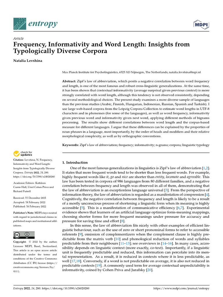 Levshina - 2022 - Frequency Informativity and Word Length | PDF | Word | Linguistic Typology