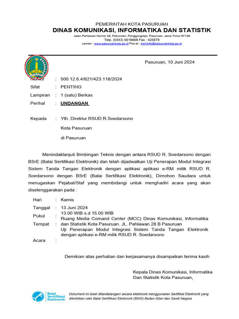 1.undangan Uji Penerapan Modul TTE RSUD e-RM | PDF