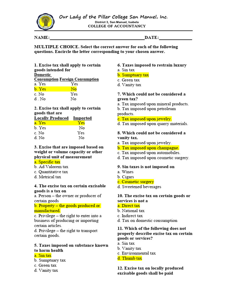 Excise Tax Quiz for Accountancy Students | PDF | Taxes | Excise