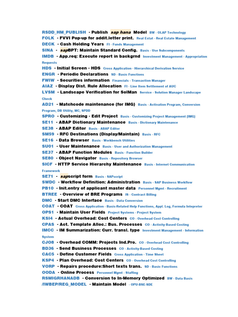 SAP HANA TCodes | PDF | Computing | Software Engineering
