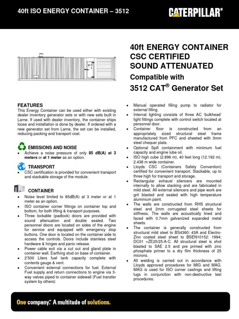 40ft Energy Container Spec Sheet CAT 3512 | PDF | Sheet Metal