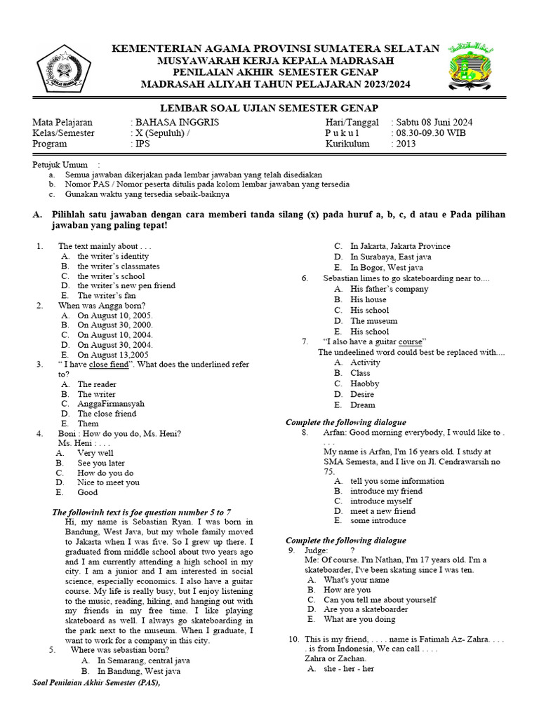 Soal Bahasa Inggris Kelas X 2024 | PDF