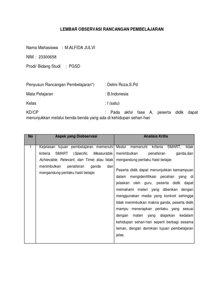 Lampiran 4. LK 3 Contoh Format Lembar Observasi Rancangan Pembelajaran Asistensi Mengajar ALFI ...