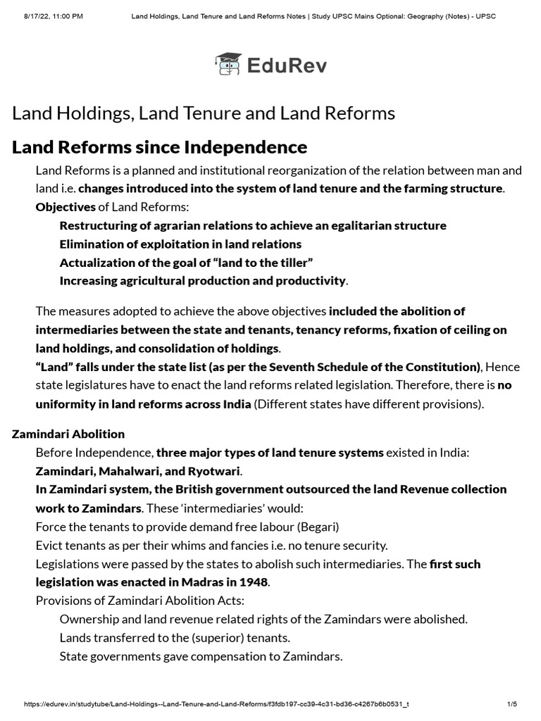 Land Holdings, Land Tenure and Land Reforms Notes - Study UPSC Mains ...