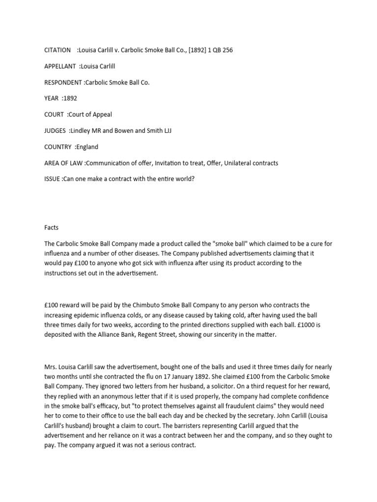 Case Brief Carlill V Carbolic | PDF | Private Law | Common Law
