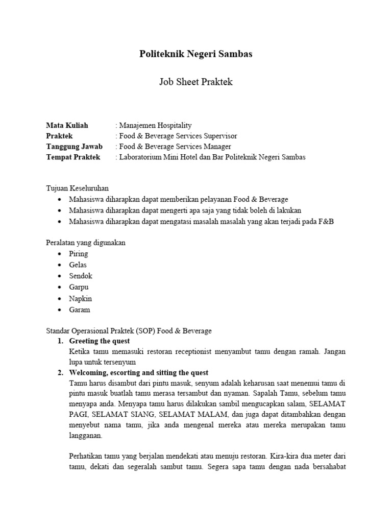 Job Sheet Praktek Table Service | PDF