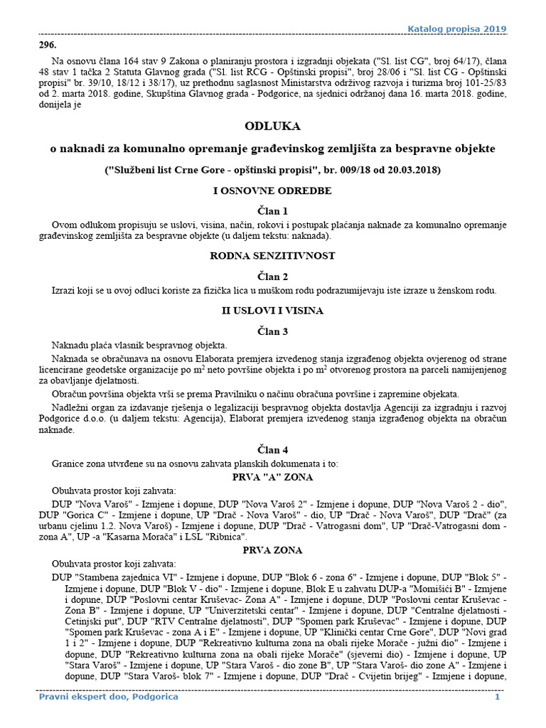 Odluka o Naknadi Za Komunalno Opremanje Gradjevinskog Zemljista Za Bespravne Objekte Podgorica | PDF