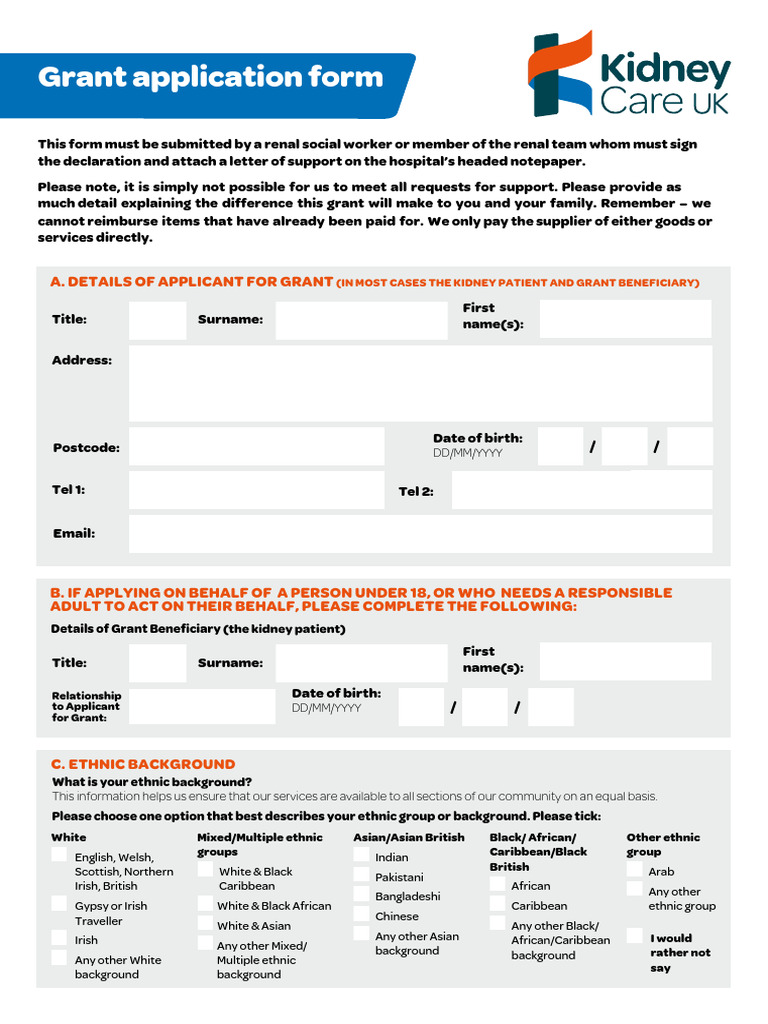 Kidney Grant Application Form | PDF | Charitable Organization | Hemodialysis
