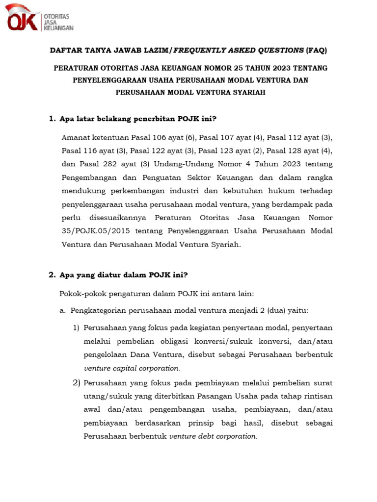POJK No 25 Tahun 2023 tentang Modal Ventura | PDF