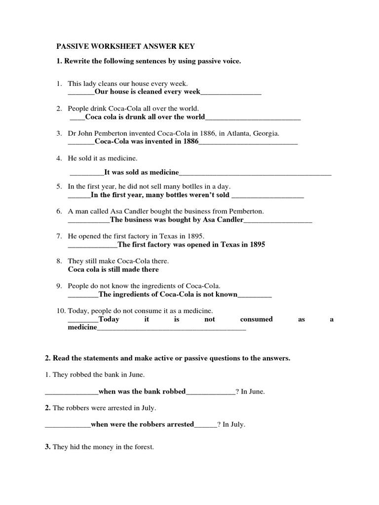 Passive Worksheet Answer Key | PDF | Coca Cola | Cola