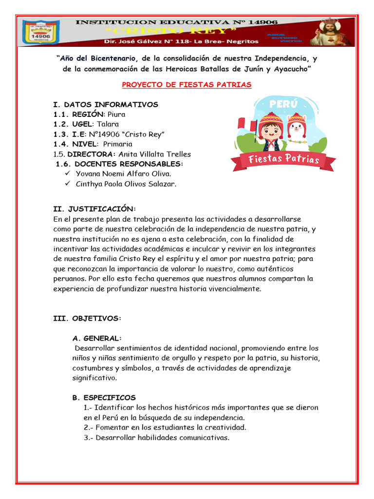 Plan de Trabajo Fiestas Patria 2024 Rectificado | PDF