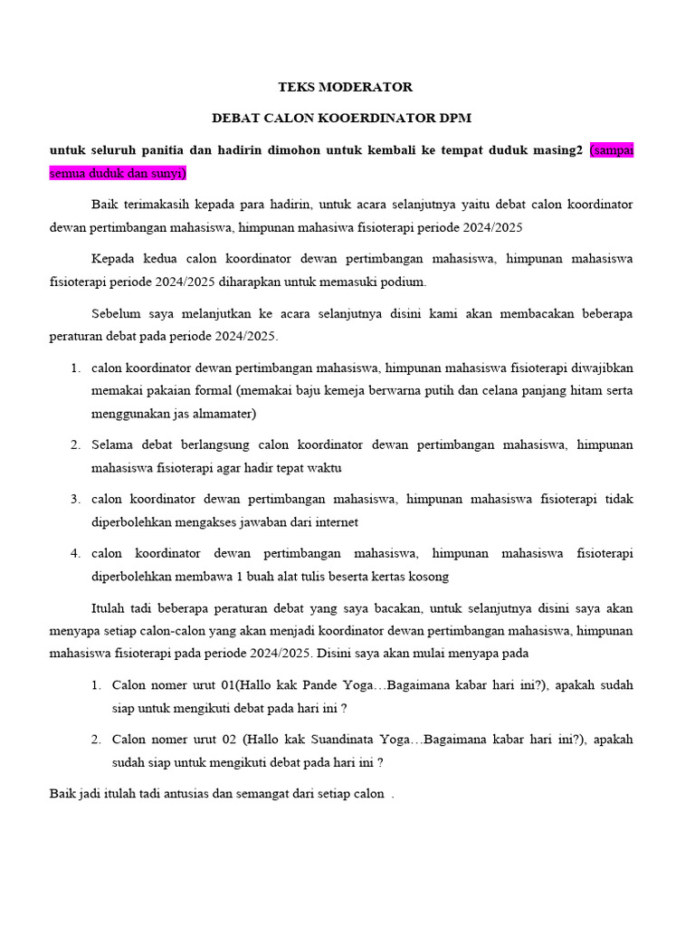 Teks Moderator Debat Koor DPM 2024 | PDF