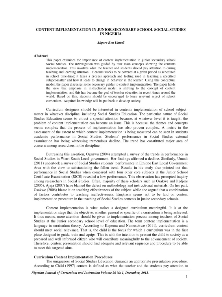 Content Implementation in Junior Secondary School Social Stu | PDF | Curriculum | Teachers
