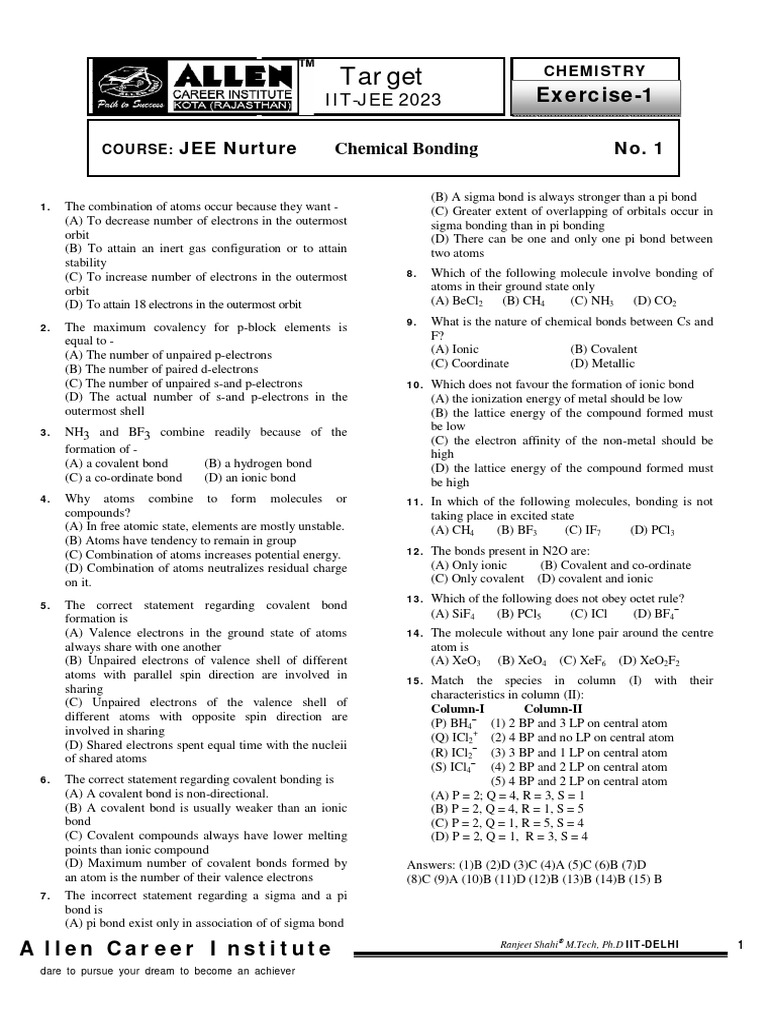 Chemical Bonding Ex-1 | PDF | Chemical Bond | Covalent Bond