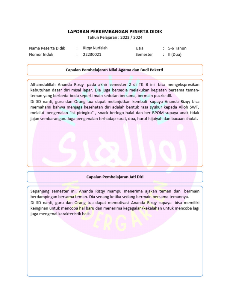 Contoh Isi Rapor Kurmer Paud | PDF