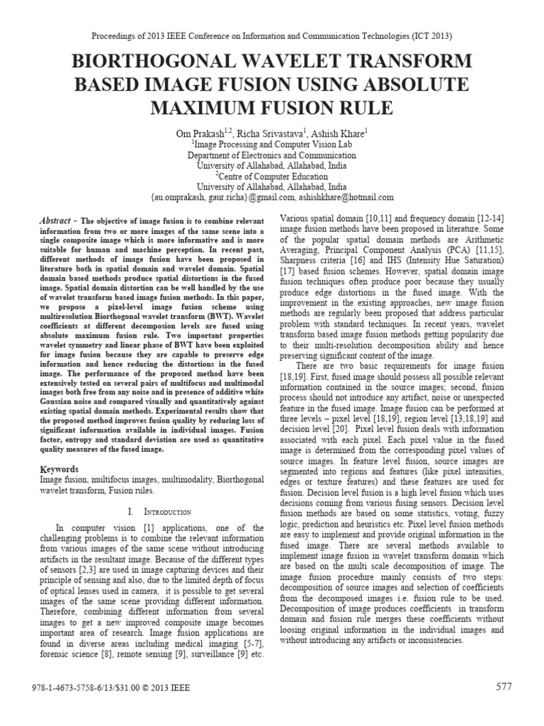 Biorthogonal Wavelet Transform Based Image Fusion Using Absolute Maximum Fusion Rule | PDF ...