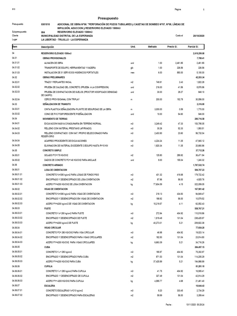 Presupuesto Reservorio Elevado | PDF | Ingeniero civil | Materiales de construcción