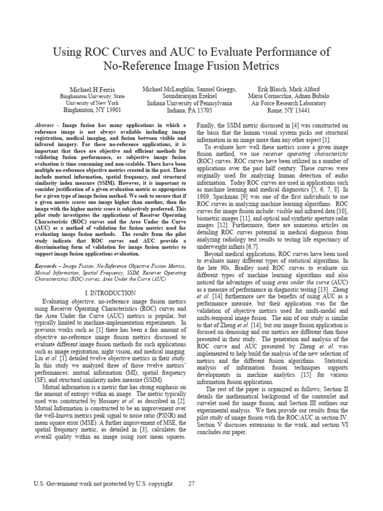 Using ROC Curves and AUC To Evaluate Performance of No-Reference Image Fusion Metrics | PDF ...