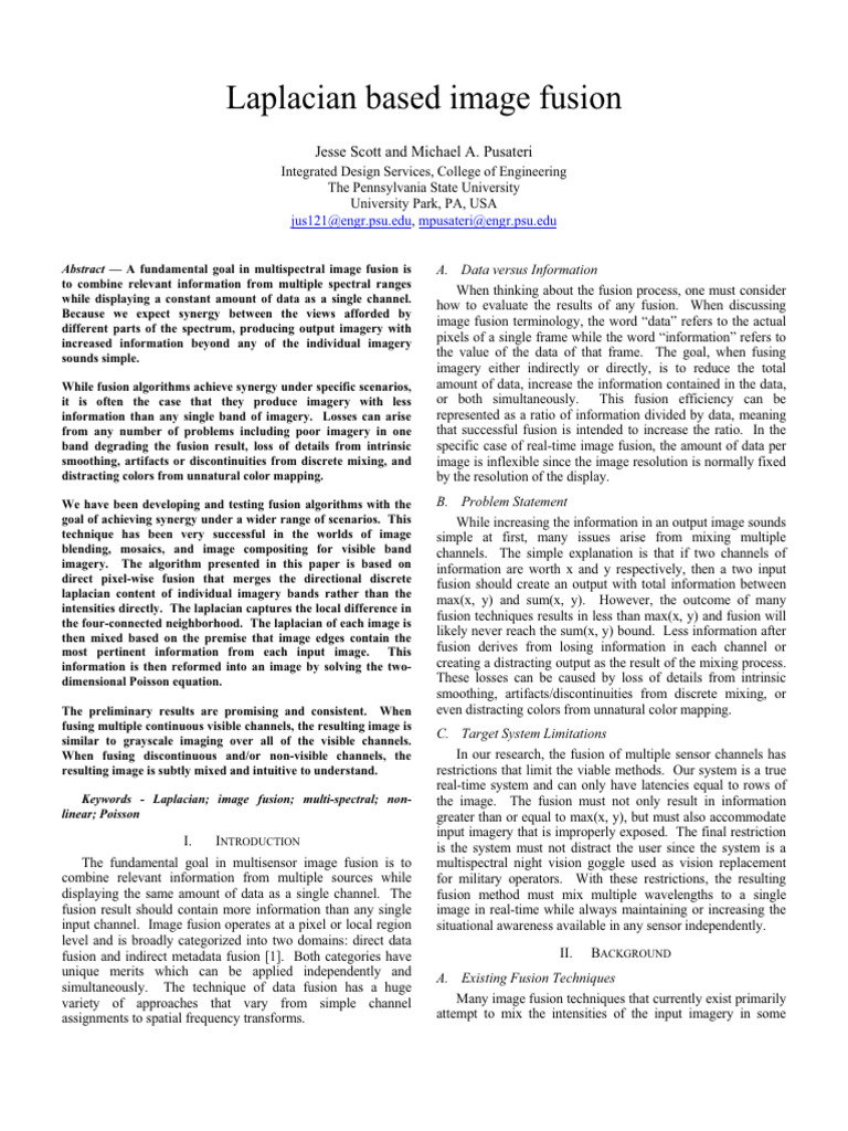 Laplacian Based Image Fusion: Jesse Scott and Michael A. Pusateri | PDF | Infrared | Matrix ...