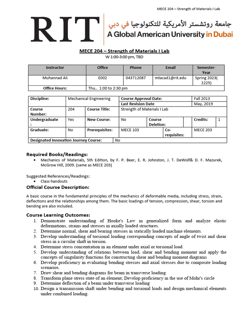 MECE 204 Strength of Materials I Laboratory Spring 2023 (2225) | PDF ...