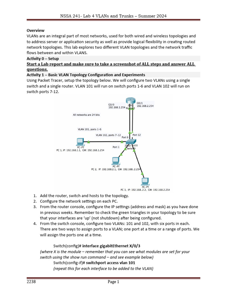 241 - Lab4 - Vlan and Trunks | PDF | Computer Network | Network Topology