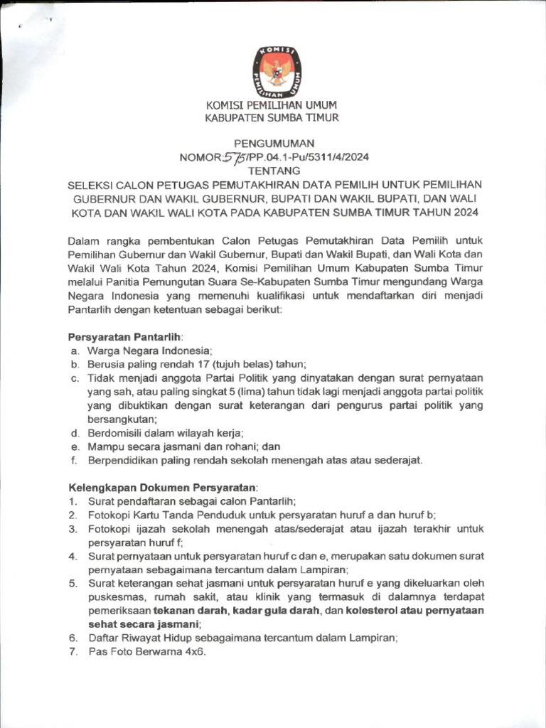 Pengumuman No. 575 Tentang Seleksi Calon Petugas Pemutakhiran Data ...