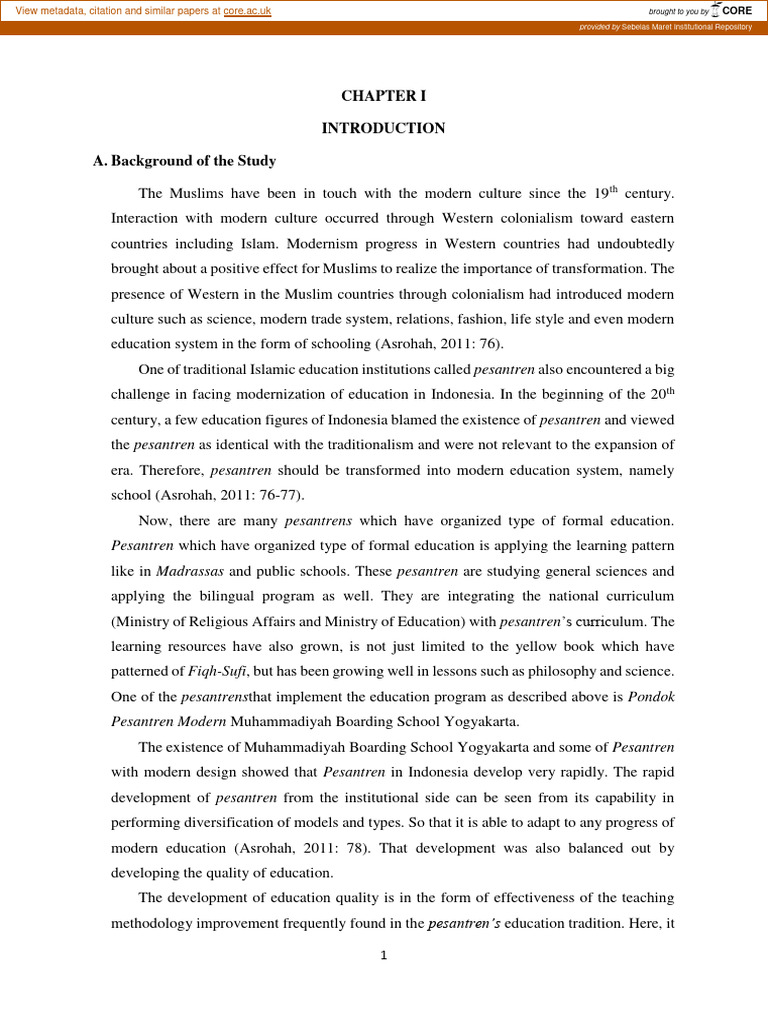 A. Background of The Study: Pesantren Which Have Organized Type of Formal Education Is Applying ...