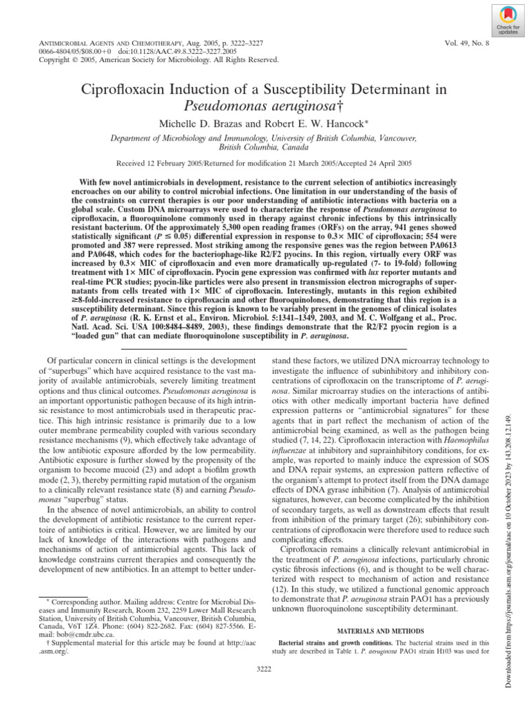 Brazas Hancock 2005 Ciprofloxacin Induction of A Susceptibility Determinant in Pseudomonas ...